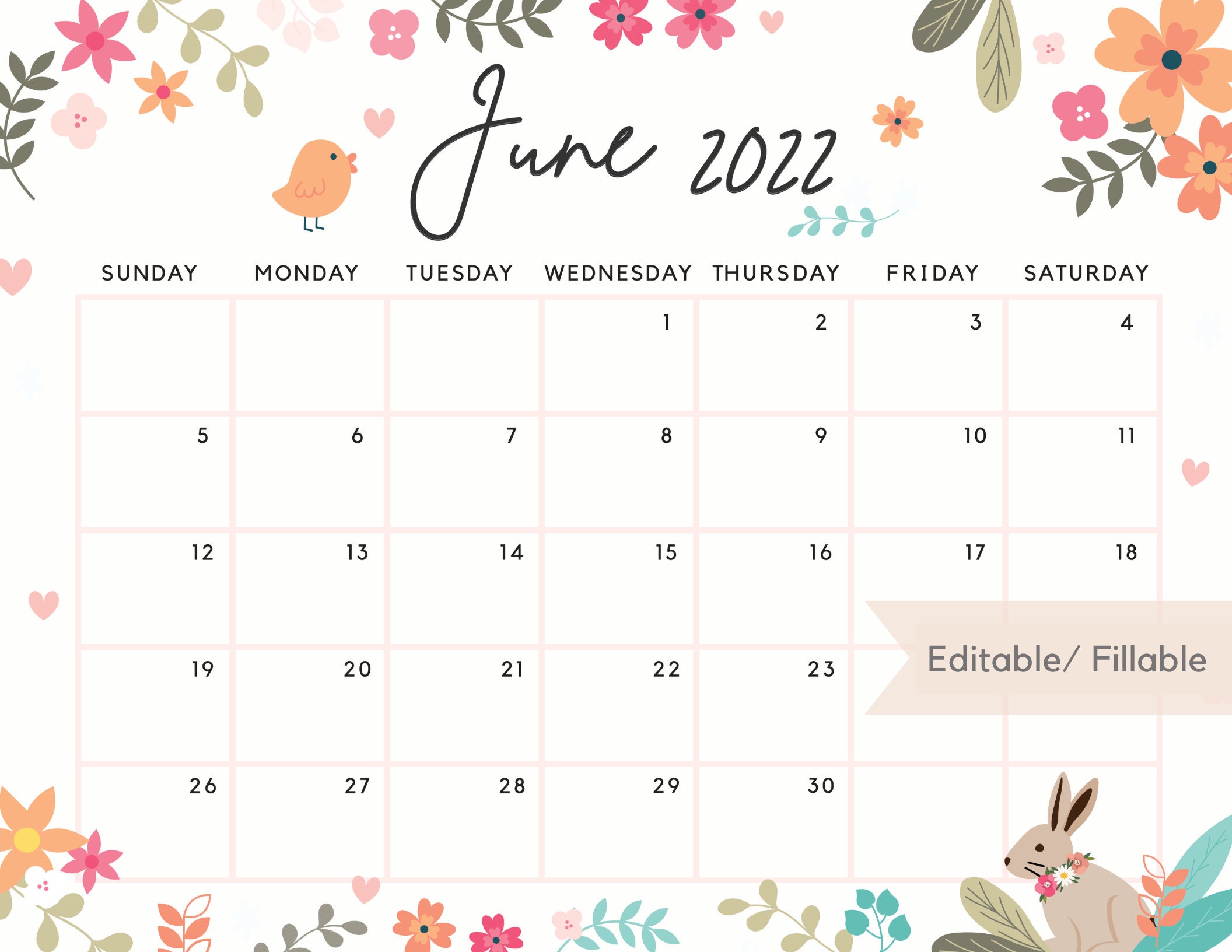 June 2022 Calendar Printable Calendar Planner Cute Spring & - Etsy