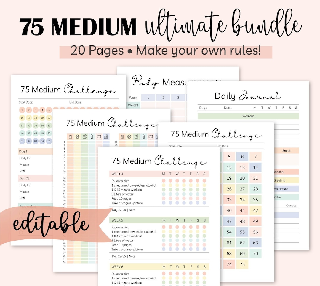 Editable 75 MEDIUM Challenge Progress Tracker, Easier Challenge Tracker ...