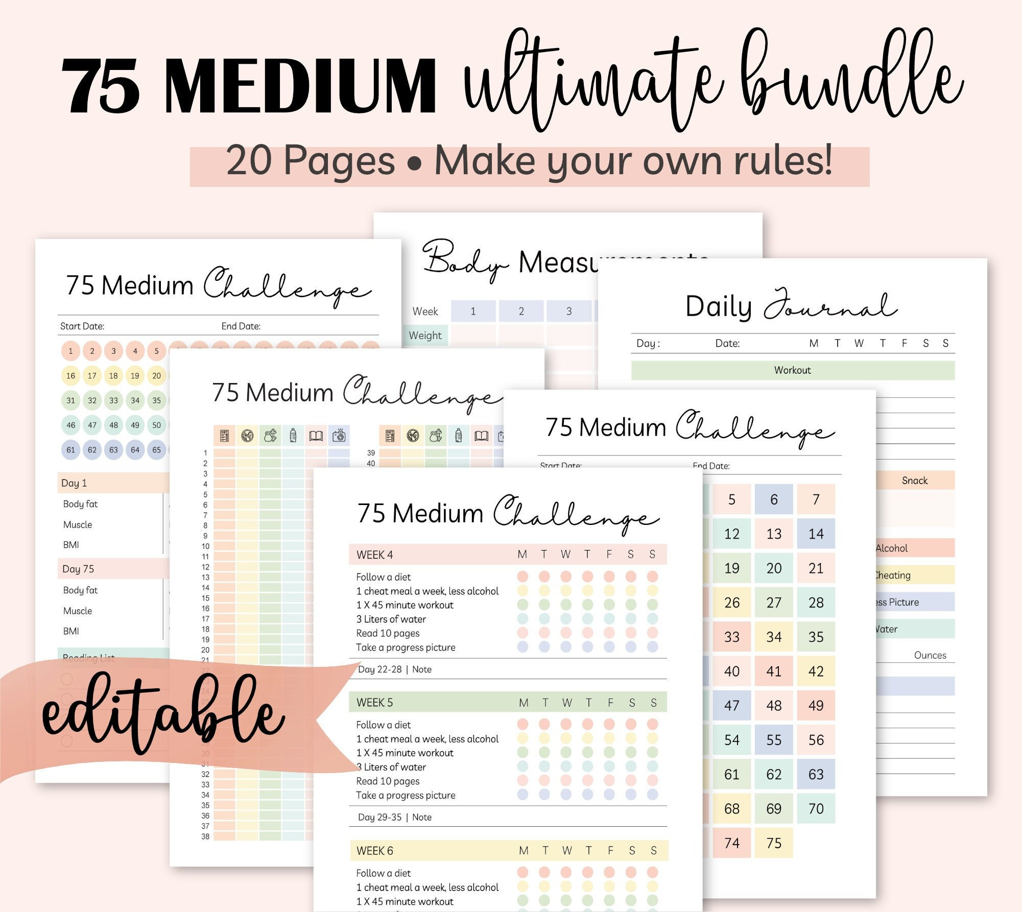 Editable 75 MEDIUM Challenge Progress Tracker, Easier Challenge Tracker ...