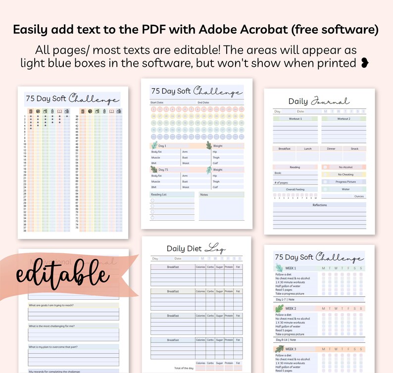 Editable 75 Day SOFT Challenge Progress Tracker Medium - Etsy