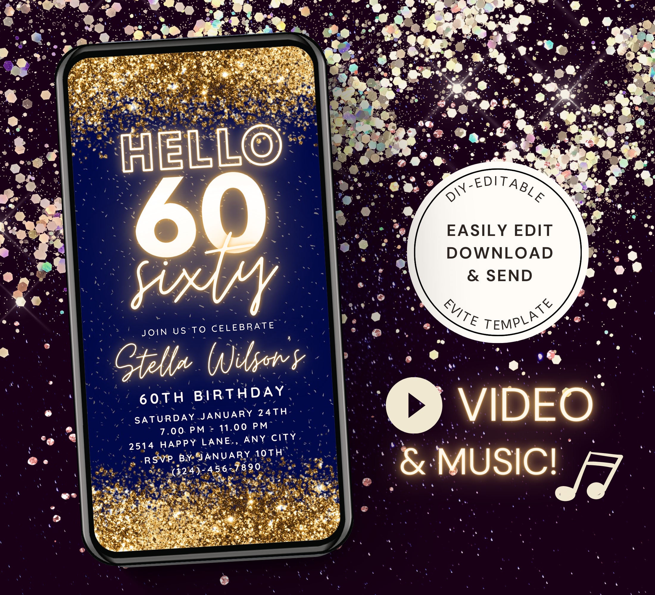 60th Sixty Birthday Party Invitation, Animated Electronic Party Invite ...