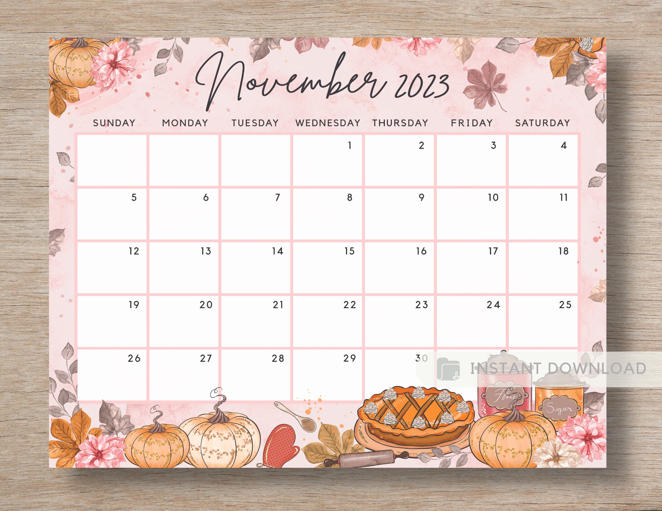 November 2023 Calendar Beautiful Fall Autumn Flowers & Leaves Mushrooms ...