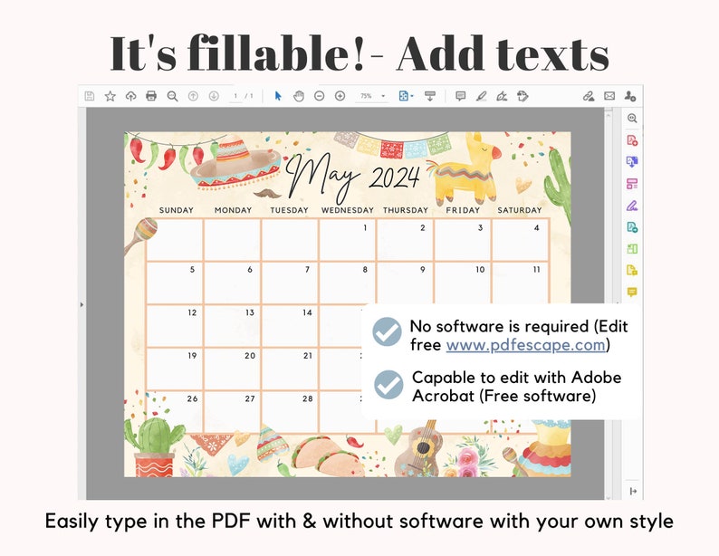 May 2024 Calendar, Cute & Fun Cinco De Mayo Theme Printable Editable ...