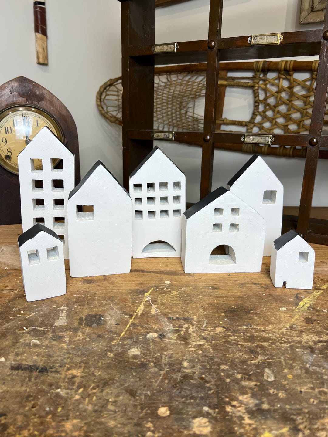 Handmade White Wooden Block Village Houses, Set of 7 - Etsy
