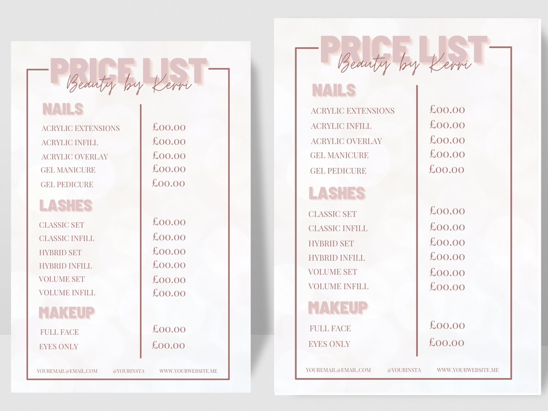 Price List Template Beauty / Blush Pink Editable Price List / Digital ...