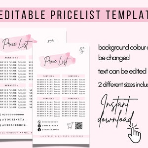 DIY Price List , Pink Editable Price List, Beauty Price List, Lash Tech ...