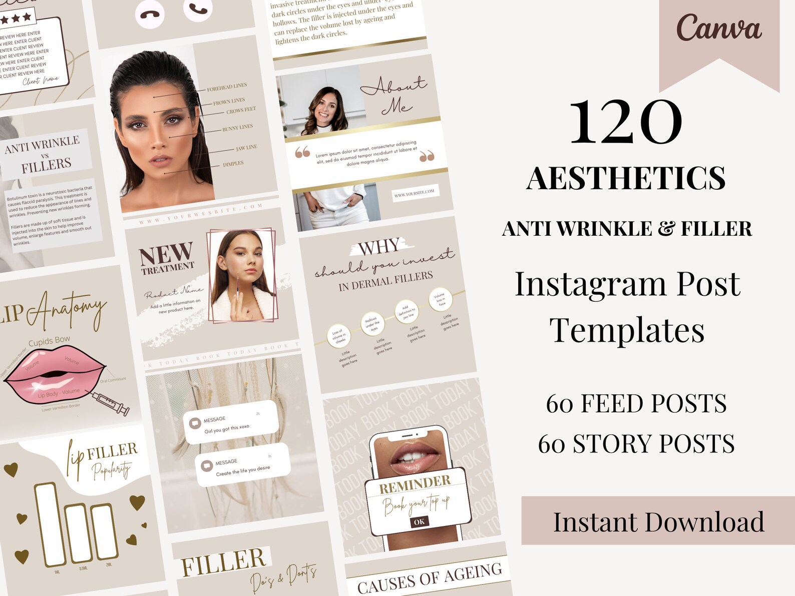 Anti Wrinkle and Filler Instagram Post Templates, Neutral & Modern ...