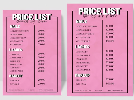 Price List Template Beauty / Bright Pink Editable Price List / - Etsy