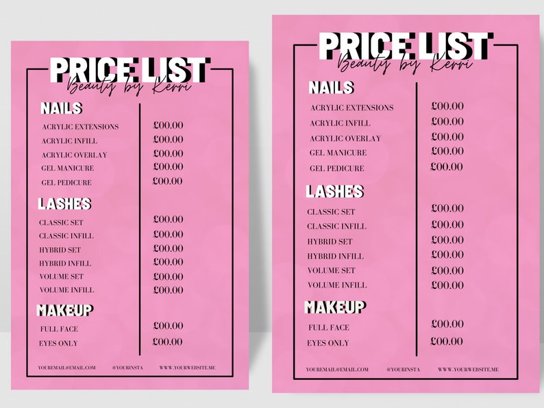 Price List Template Beauty / Bright Pink Editable Price List / - Etsy