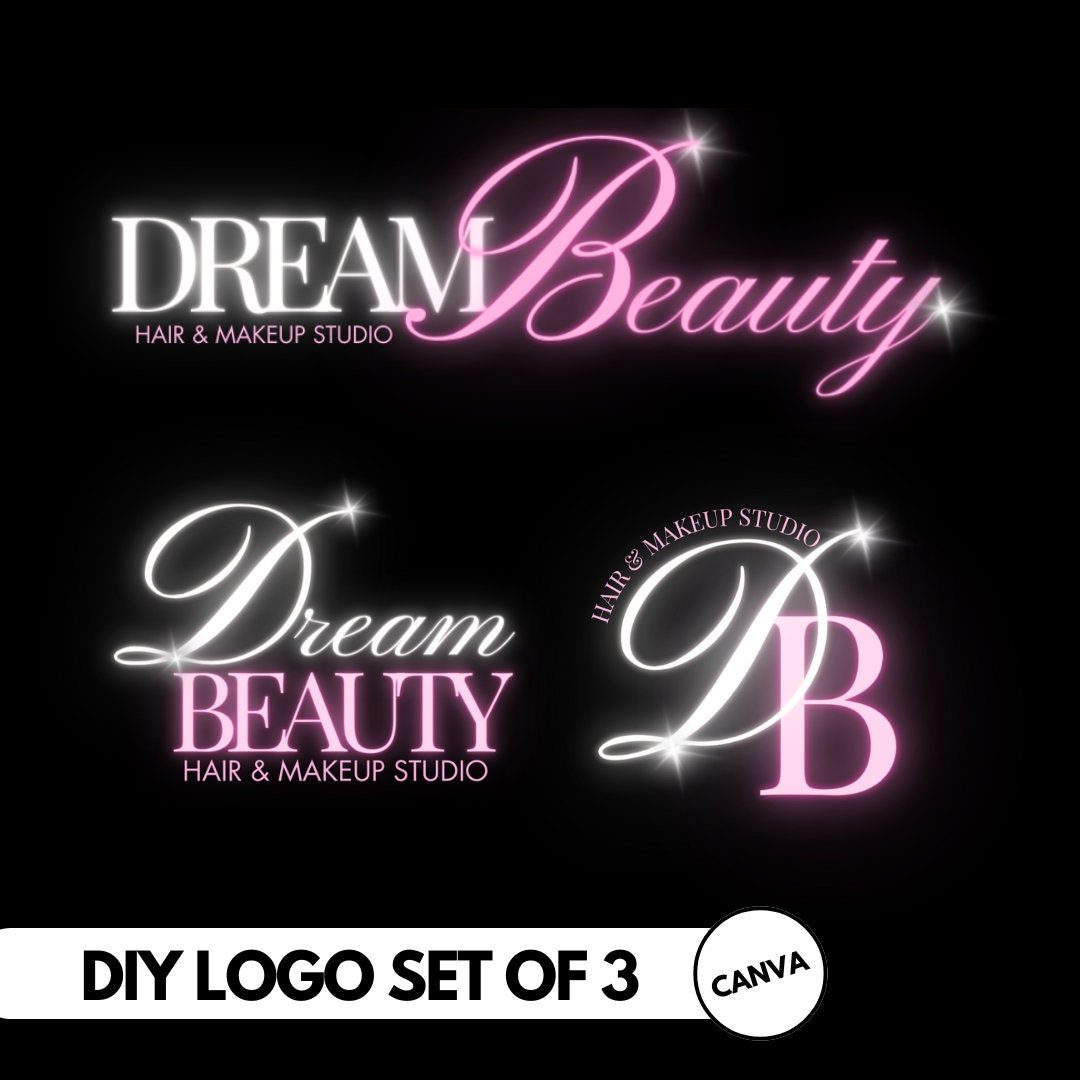 Pink Beauty Logo, DIY Pink Logo Set, Neon Pink Glow, Hair Branding ...