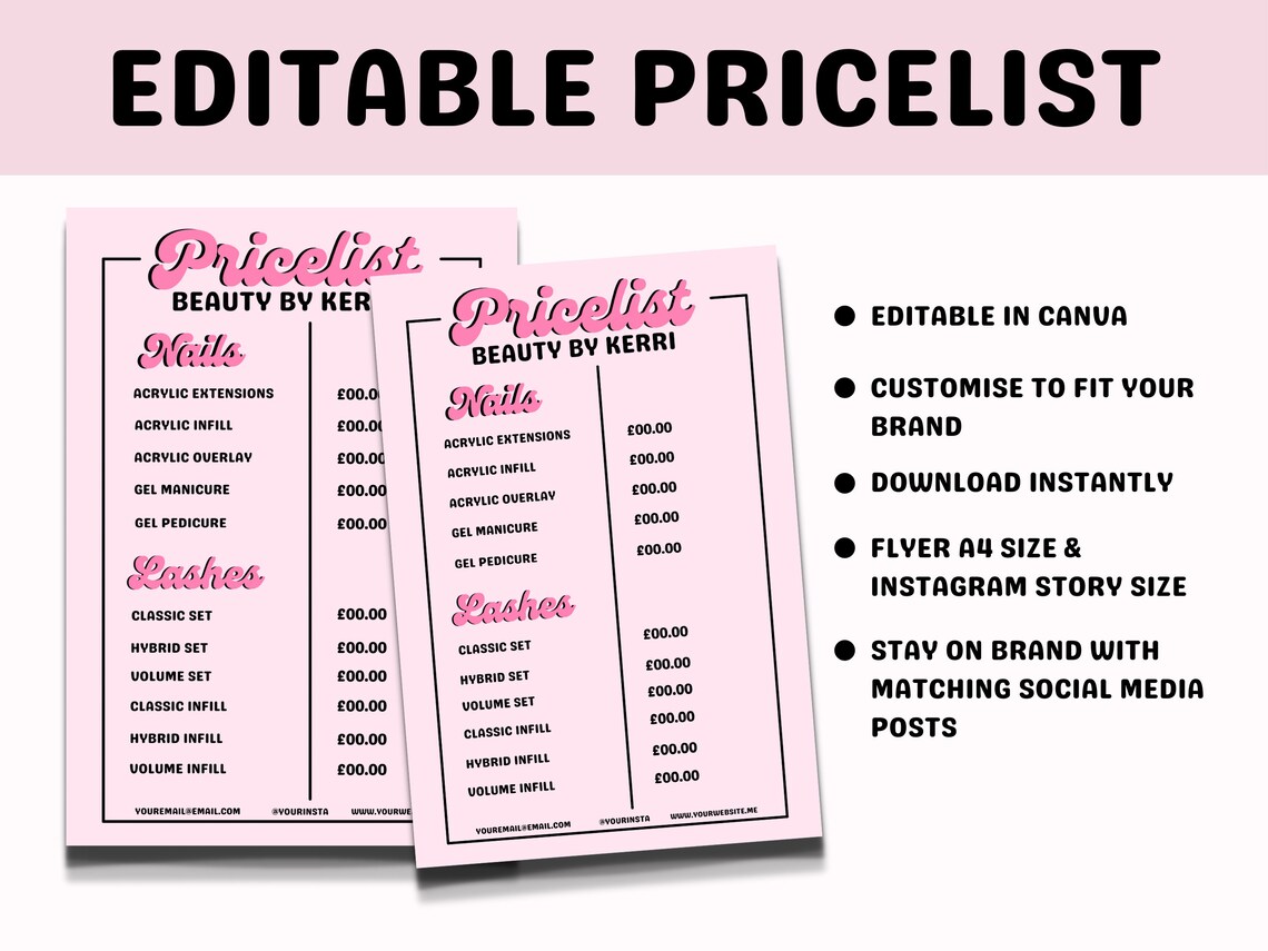 Price List Template Beauty / Bright Pink Editable Price List / - Etsy