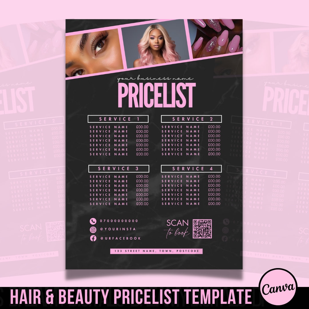 Price List Template Beauty, Pink Editable Price List, Digital Download ...