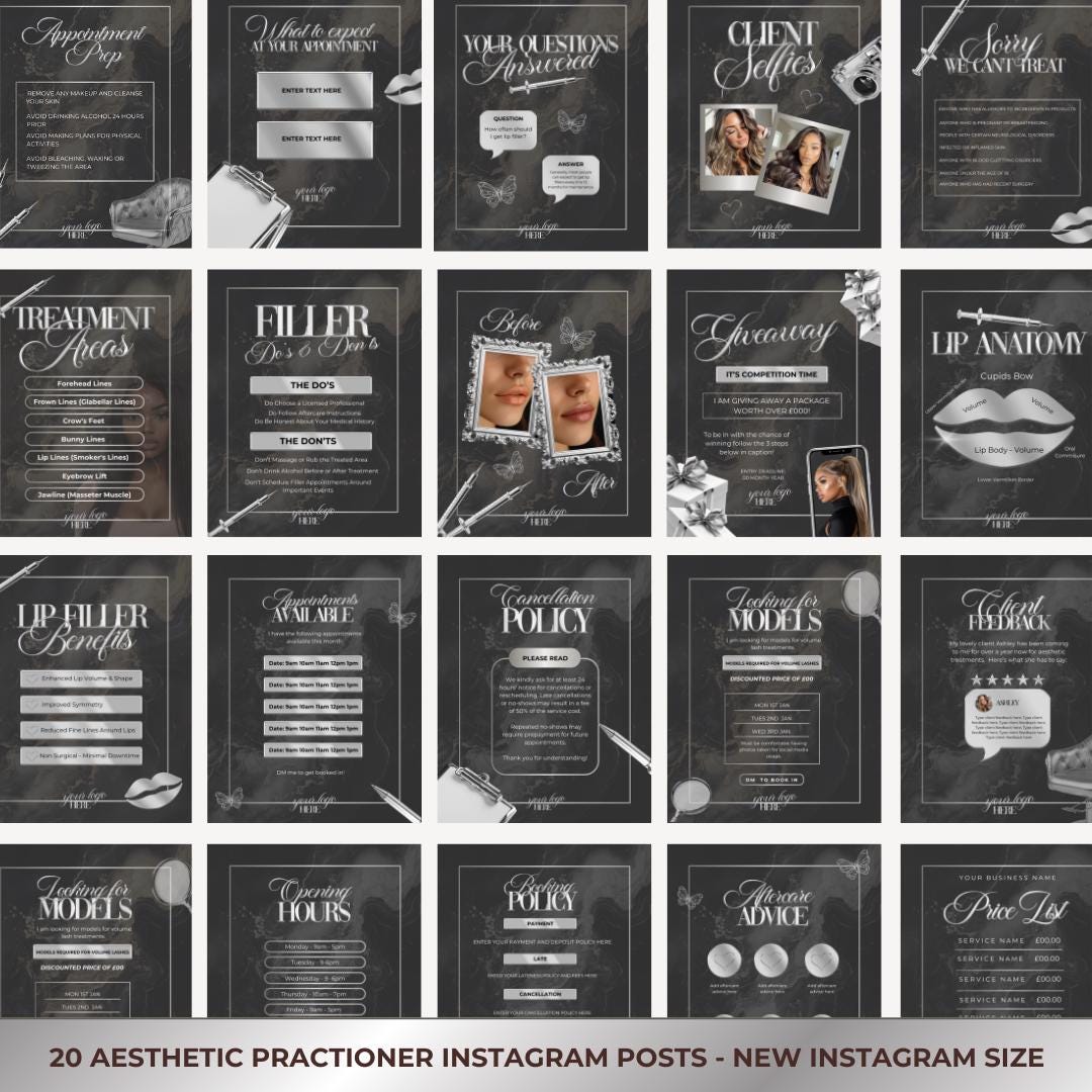 Anti Wrinkle and Filler Instagram Post Templates, Black & Silver Luxury ...