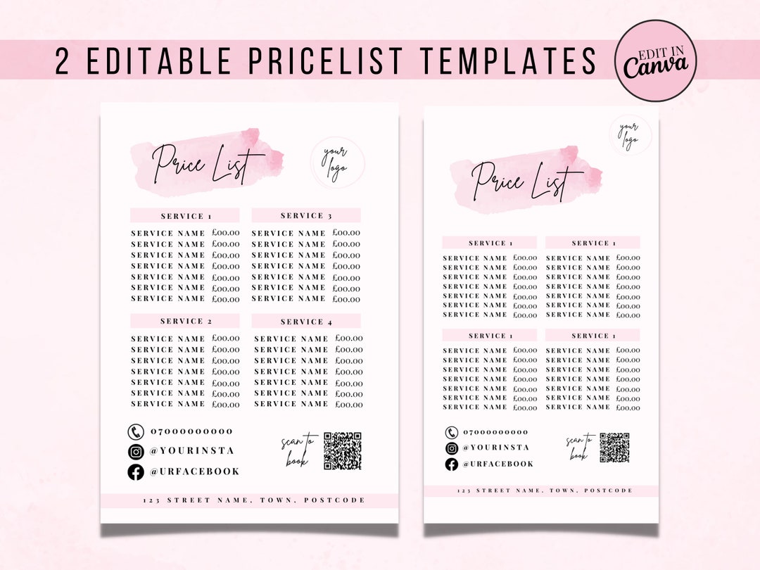 DIY Price List , Pink Editable Price List, Beauty Price List, Lash Tech ...