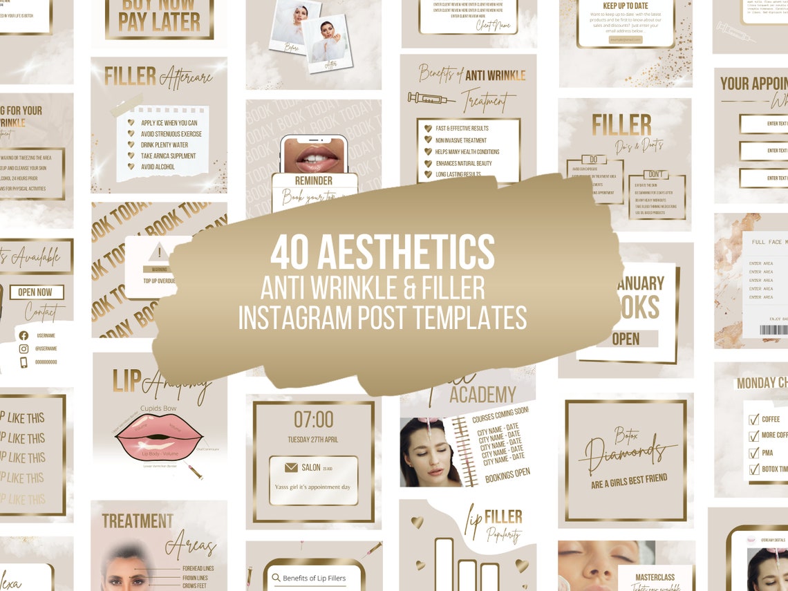Anti Wrinkle and Filler Instagram Post Templates, Neutral & Gold Luxury ...