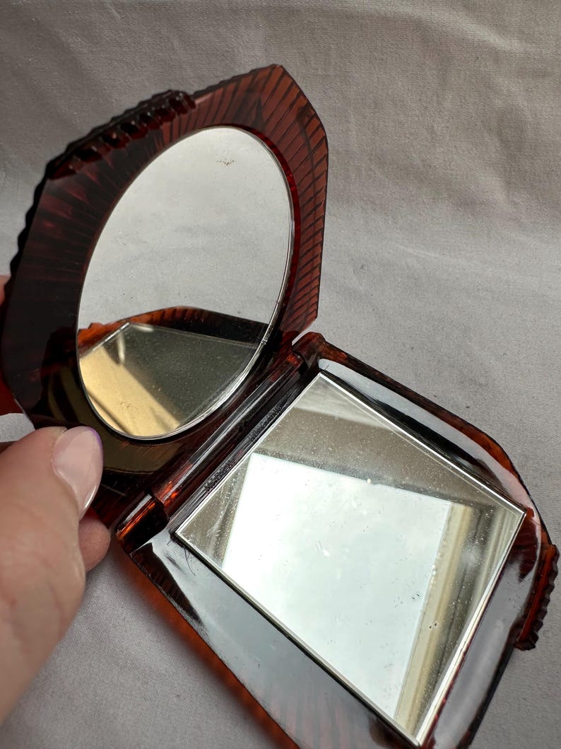Unique Art Deco Vintage Bakelite Portable Compact Mirror Tortoise Shell ...