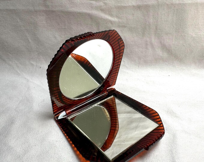 Unique Art Deco Vintage Bakelite Portable Compact Mirror Tortoise Shell ...
