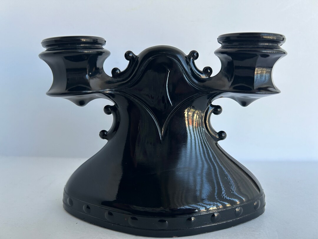 Vintage LE Smith Double Shield Black Glass Double Candle Holder - Etsy