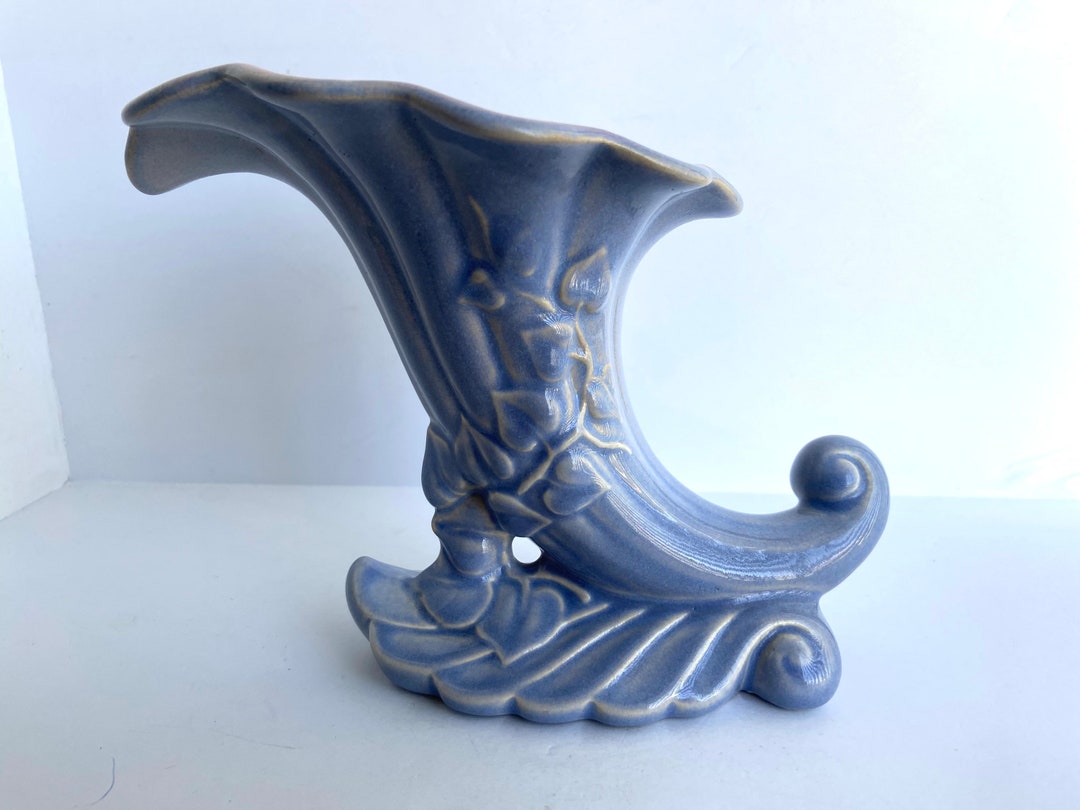 Vintage Red Wing Pottery Periwinkle Blue Glaze Cornucopia Vase With ...