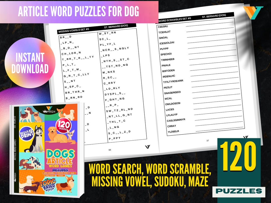 120 Dog Puppy Puzzle Pages Printable PDF V2, Articles, Word Search ...