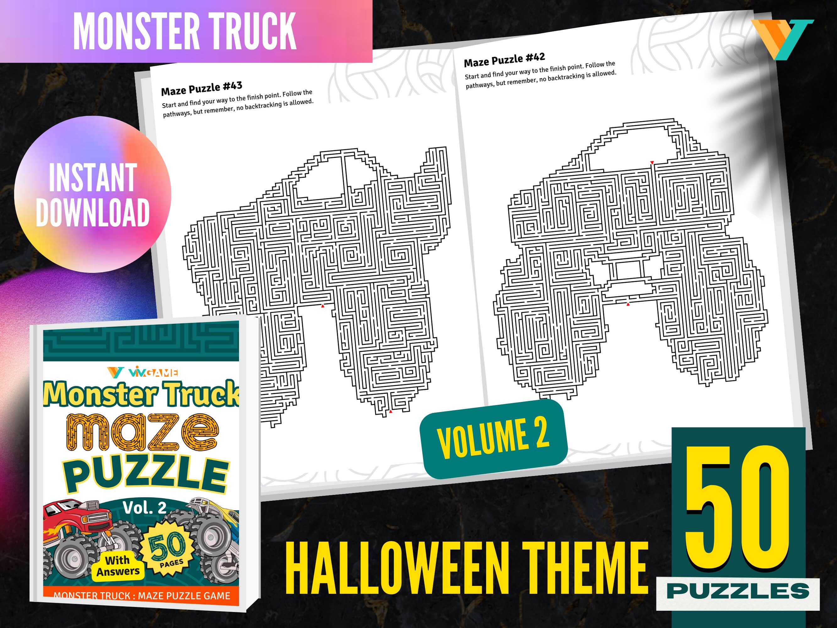 50 Monster Truck Maze Puzzle Pages | Printable PDF With Solutions | Fun ...