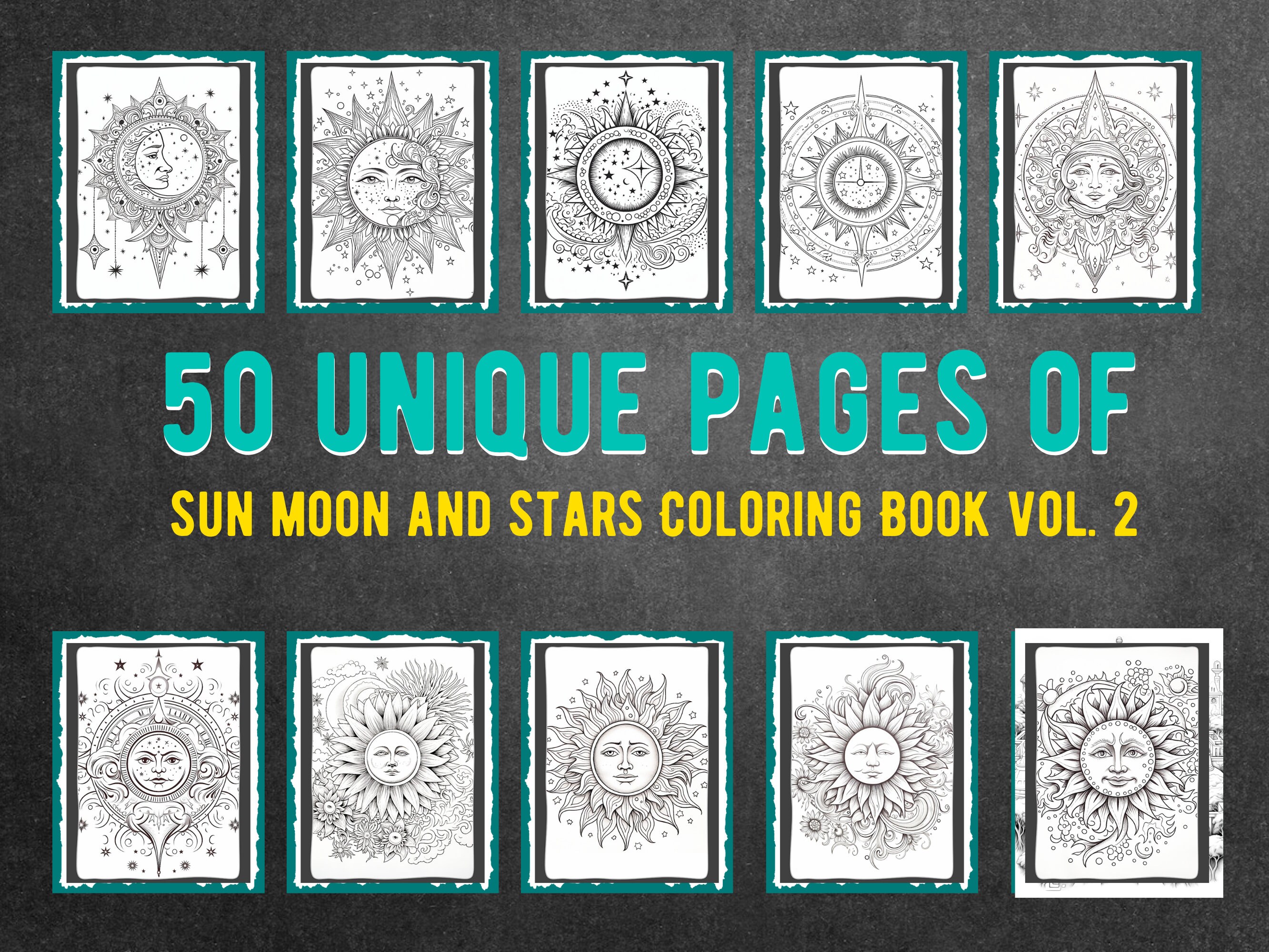 Sun Moon Stars Coloring 50 Pages, Instant Digital Download Printable ...