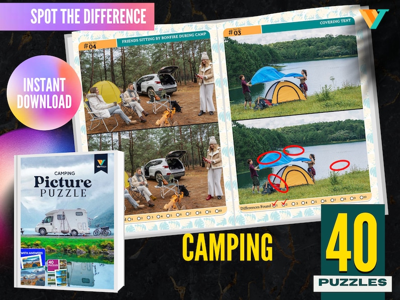 40 Camping Spot the Difference Printable Pages, Instant Download ...