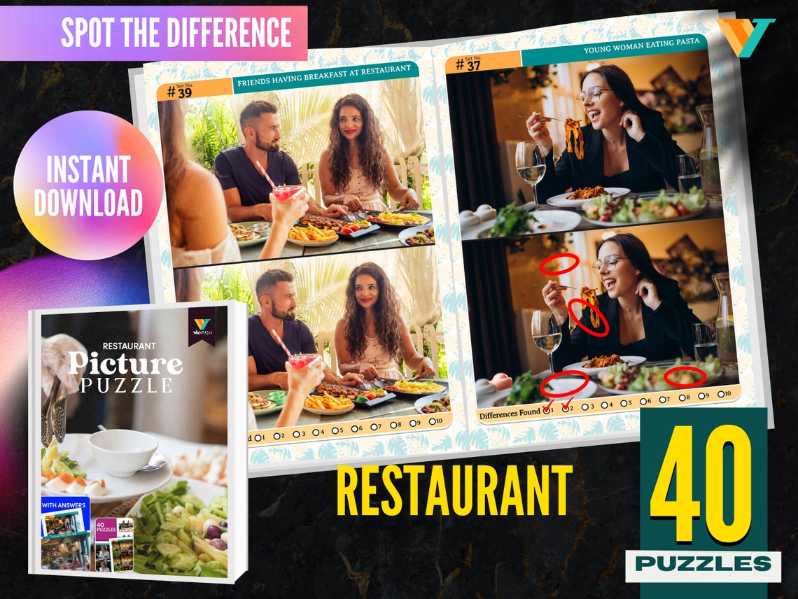 Restaurant Spot the Difference Printable PDF Pages, Cafe Diner Find ...