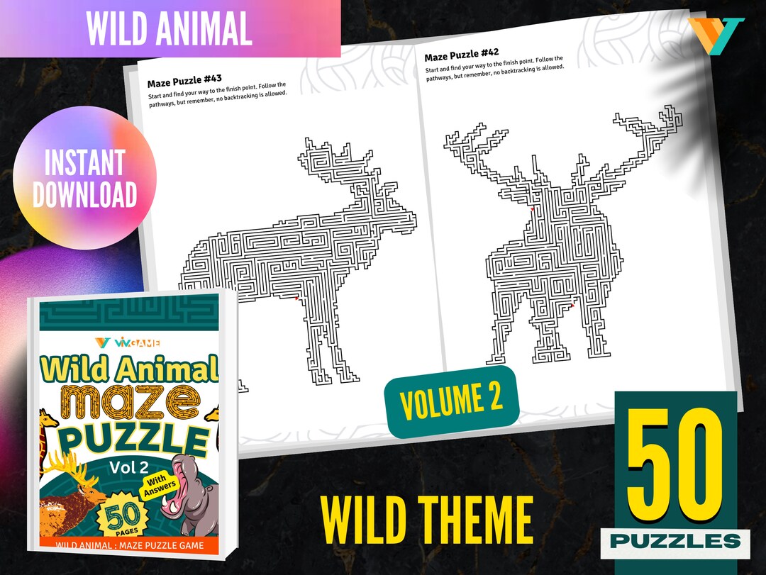 50 Wild Animals Maze Puzzle Pages Vol. 2 Including Answers - Etsy