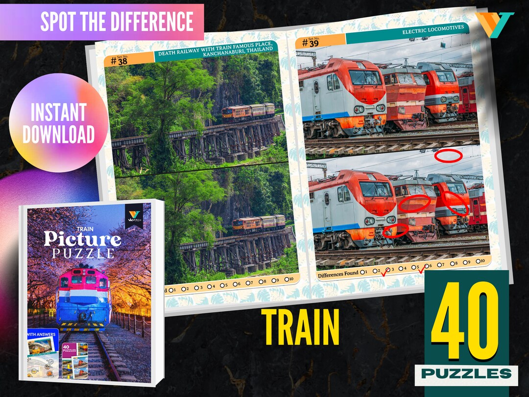 Train Spot the Difference Printable Pages, Find the Difference Instant Downloadable, Digital ...