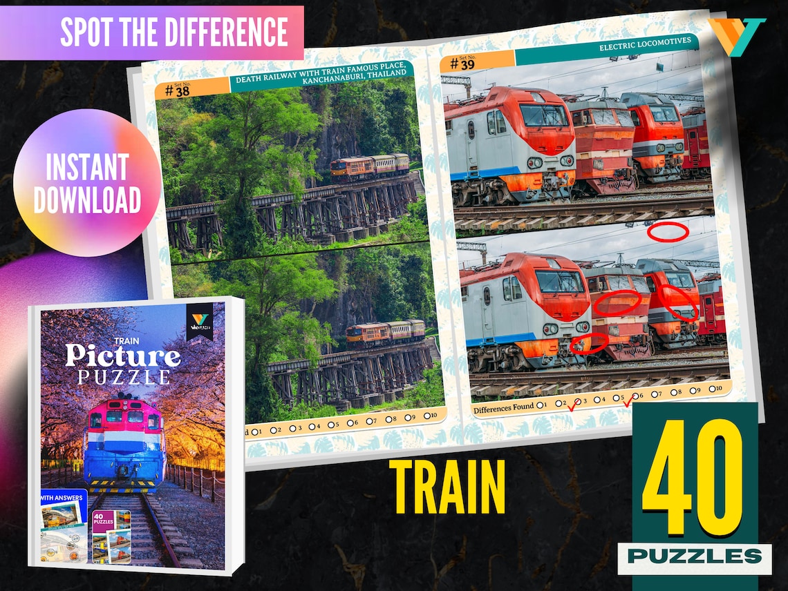 Train Spot the Difference Printable Pages, Find the Difference Instant ...