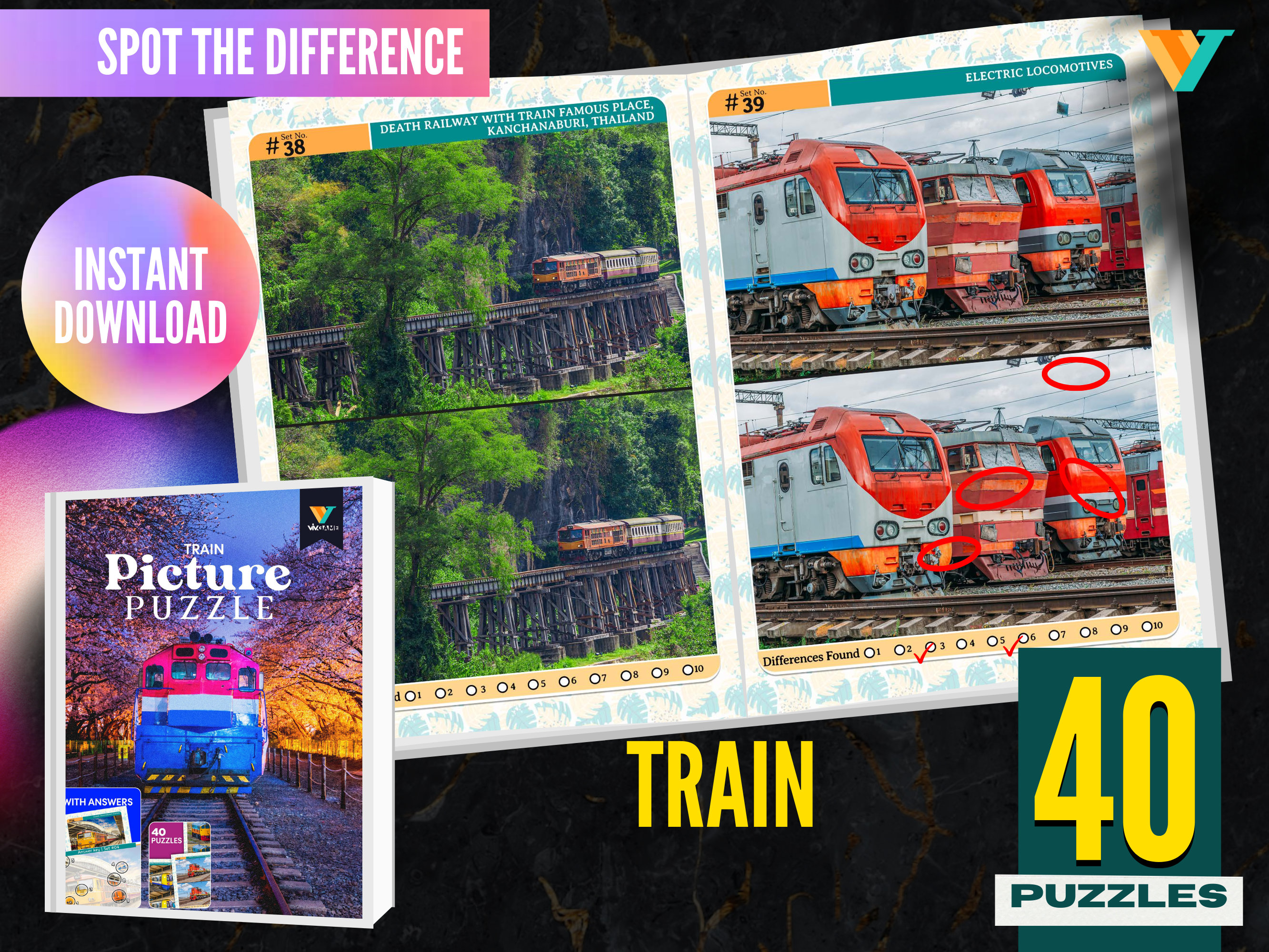 Train Spot the Difference Printable Pages, Find the Difference Instant ...