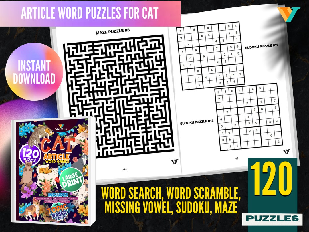 120 Cat-themed Printable Puzzle Pages Vol. 1 | Word Search, Scramble ...
