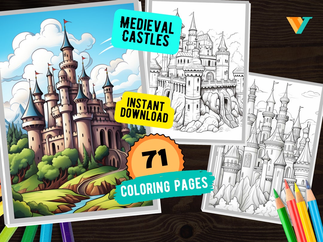 71 Medieval Castles Coloring Page Book, INSTANT DOWNLOAD, Grayscale ...