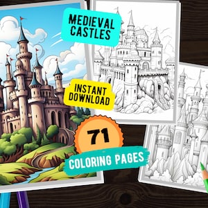 71 Medieval Castles Coloring Page Book, INSTANT DOWNLOAD, Grayscale ...