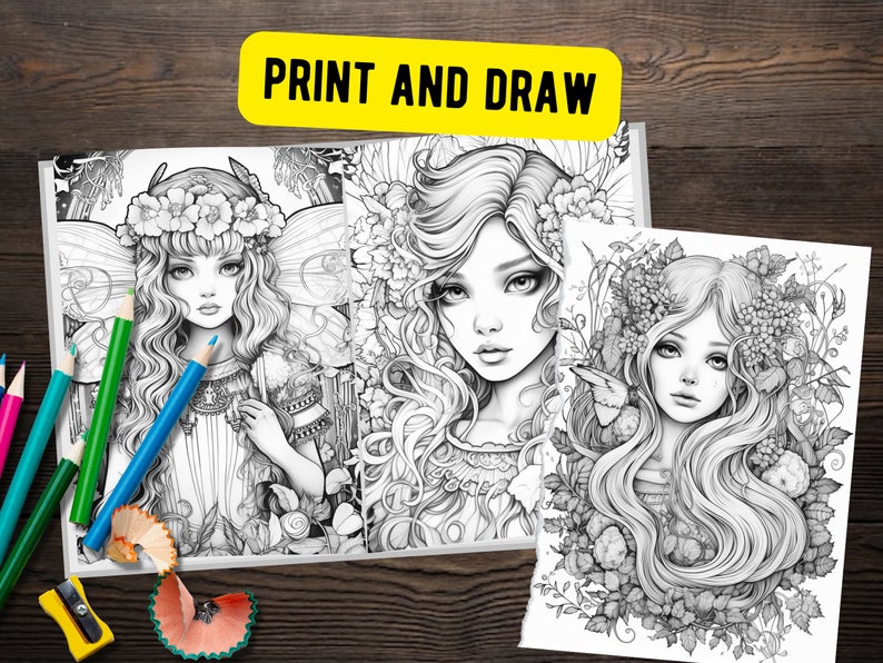 50 Page Magical Fairy Girls Coloring Book for Adults and Children ...