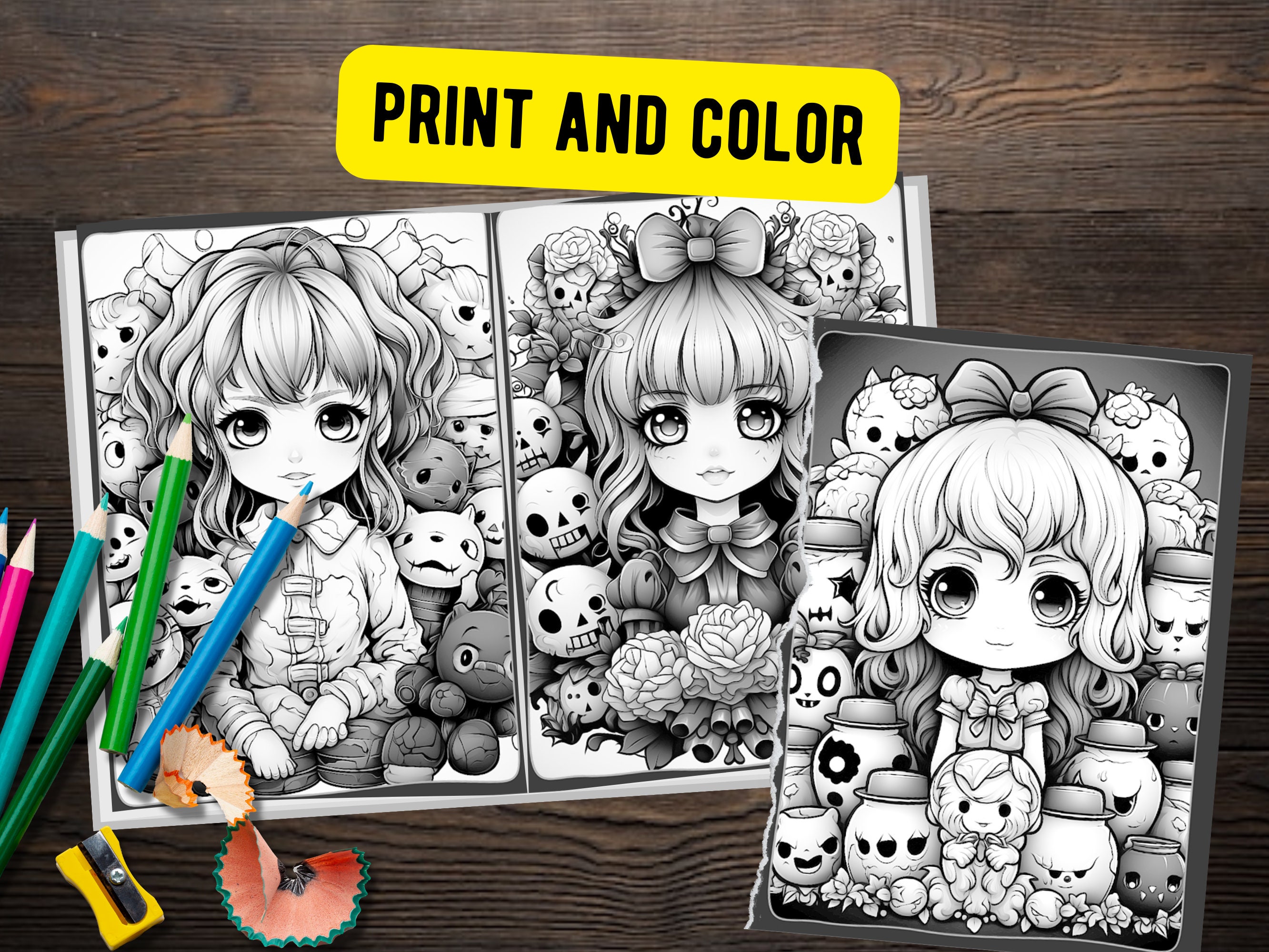 50 Spooky Kawaii Girl Coloring Pages Instant Digital Download Printable ...