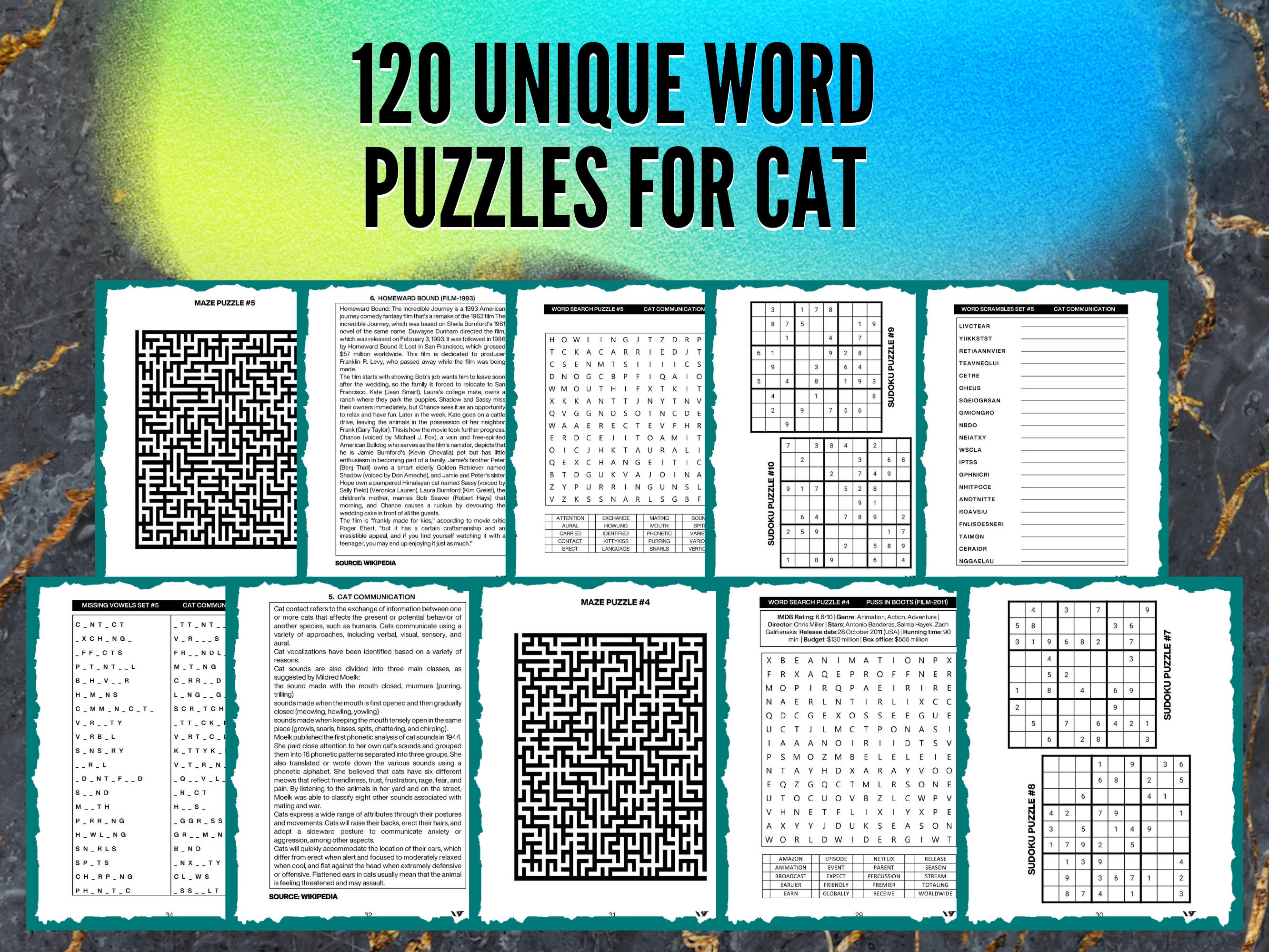 Cat Related 120 Printable Word Puzzle Pages PDF Volume 2, Word Search ...