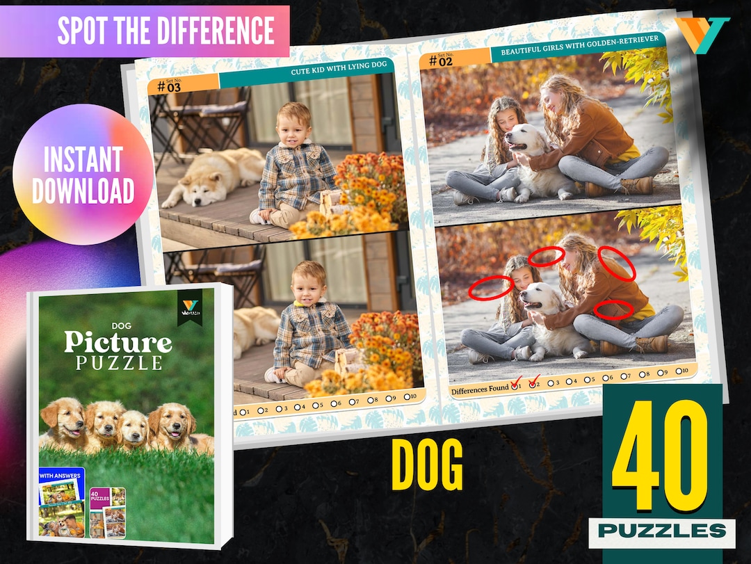 40 Cute Dog Spot the Difference Puzzle Printable PDF File, Doggy Lover ...