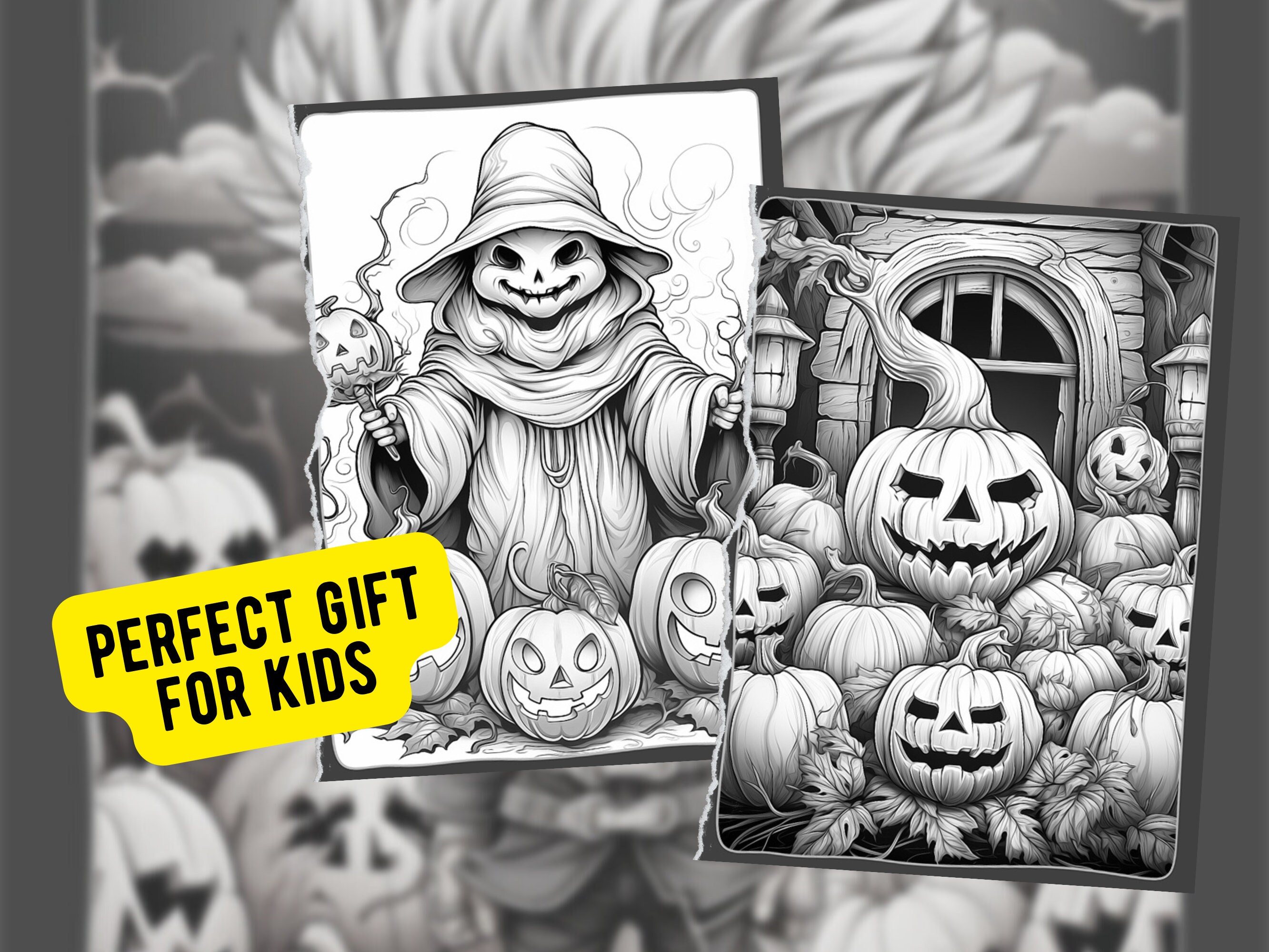 50 Vintage Halloween Grayscale Coloring Pages Vol. 2 Instant Digital ...