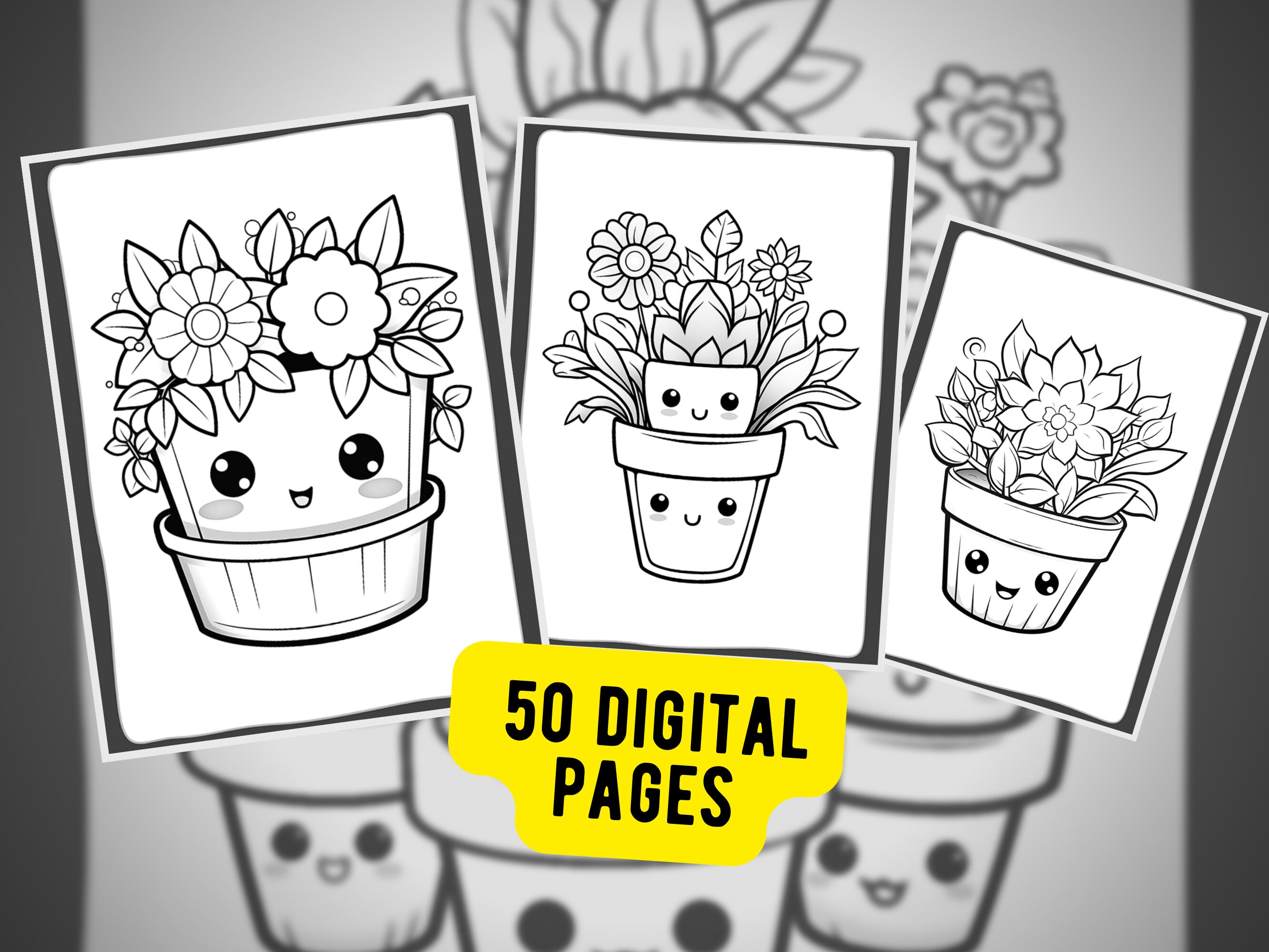 50 Kawaii Flowers Coloring Pages Printable PDF, Coloring Gift for Adult ...