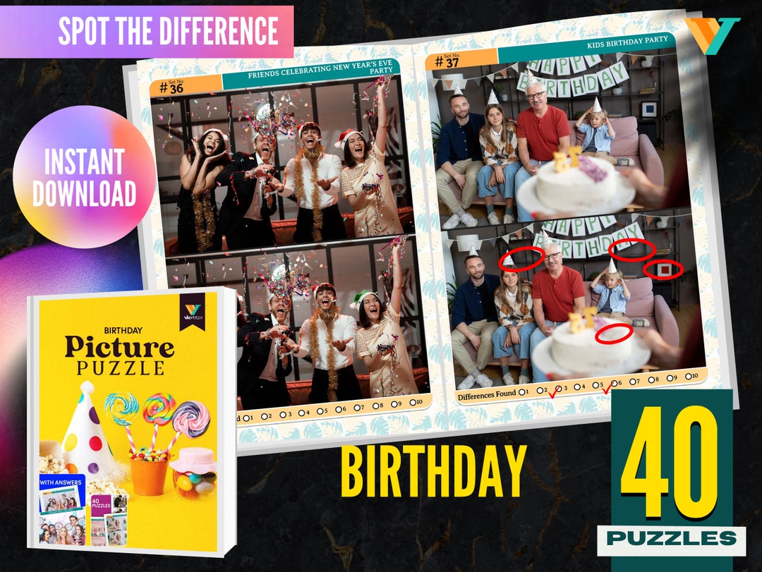 Birthday Spot the Difference, Coloring Printable Pages, Love Find the ...