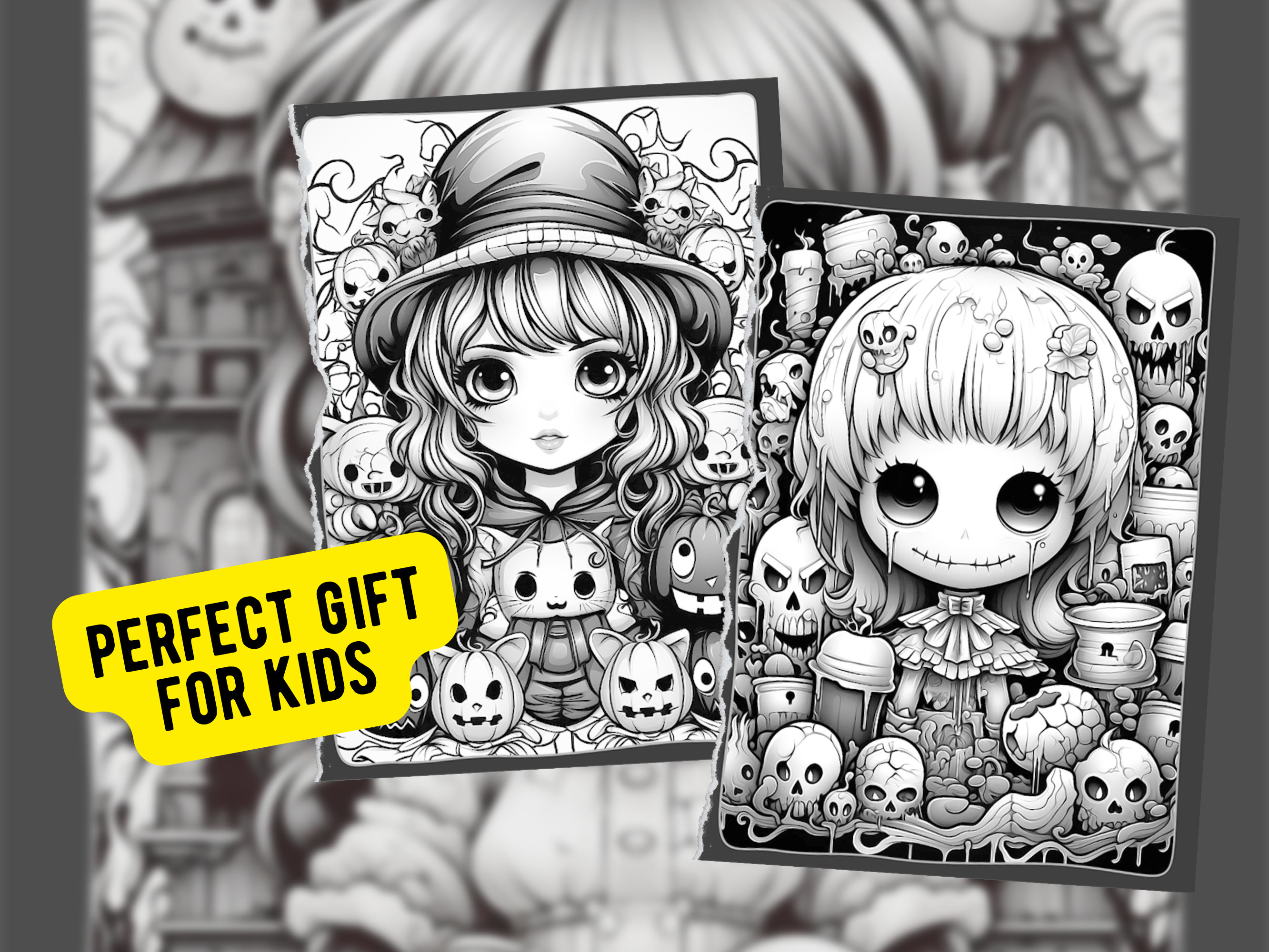 50 Spooky Kawaii Girl Coloring Pages Instant Digital Download Printable ...
