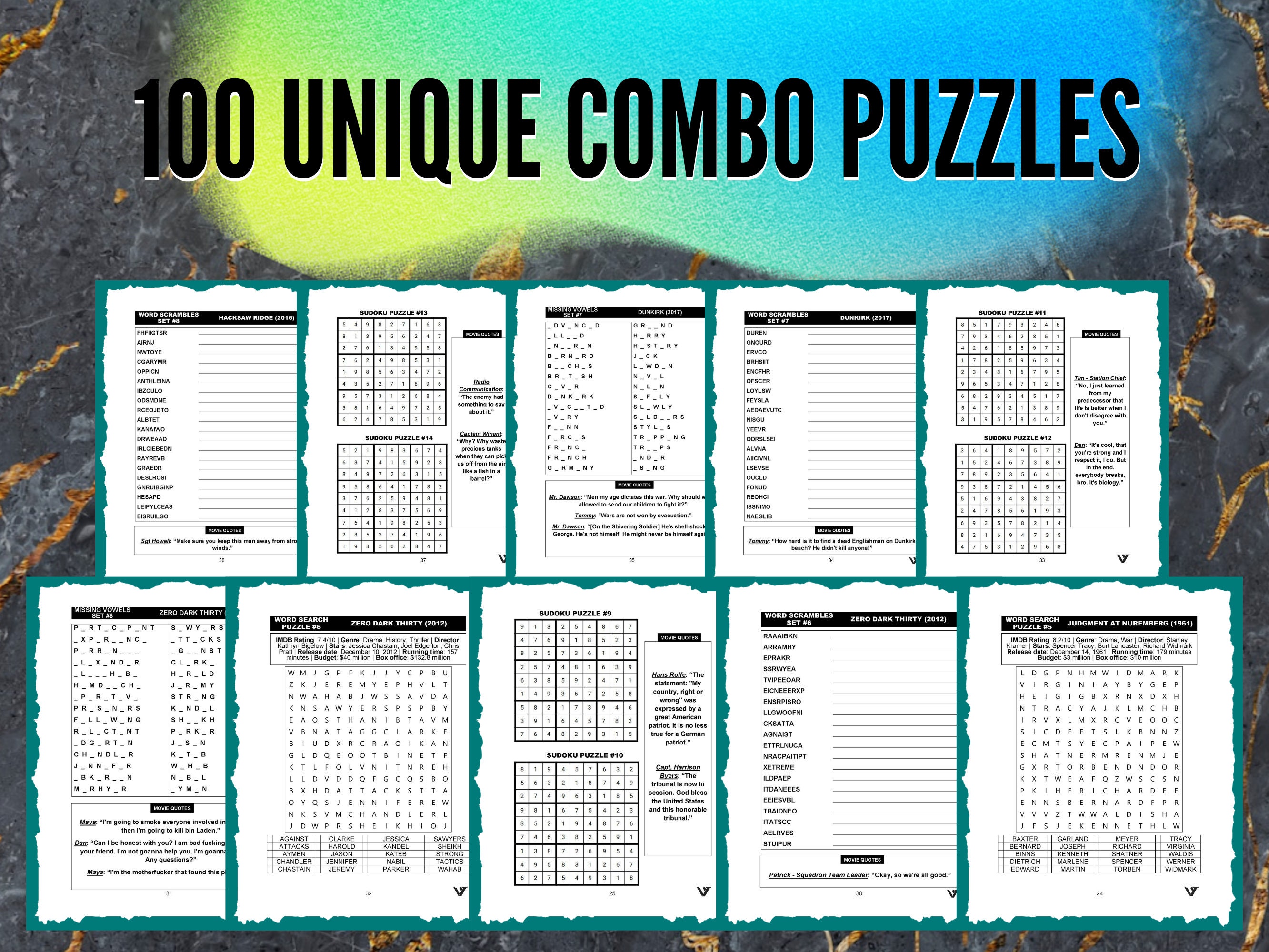 100 War Movie Puzzles Vol. 1, Word Search, Word Scramble, Missing Vowel ...