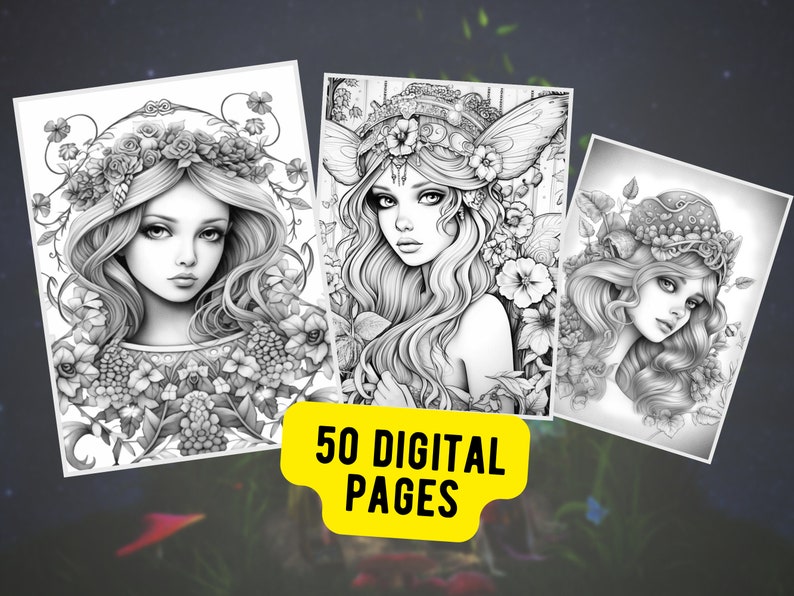 50 Page Magical Fairy Girls Coloring Book for Adults and Children ...