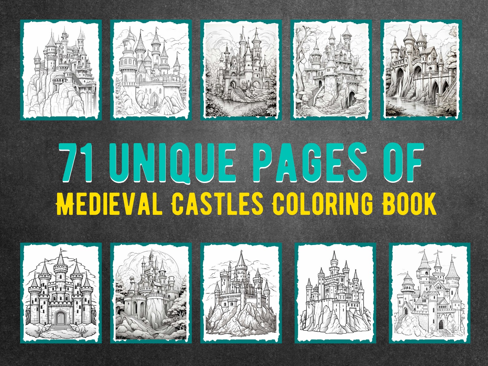 71 Medieval Castles Coloring Page Book, INSTANT DOWNLOAD, Grayscale ...