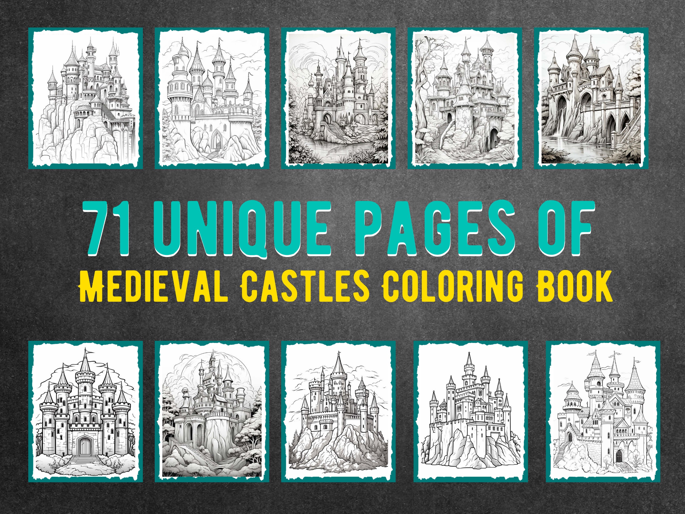 71 Medieval Castles Coloring Page Book, INSTANT DOWNLOAD, Grayscale ...