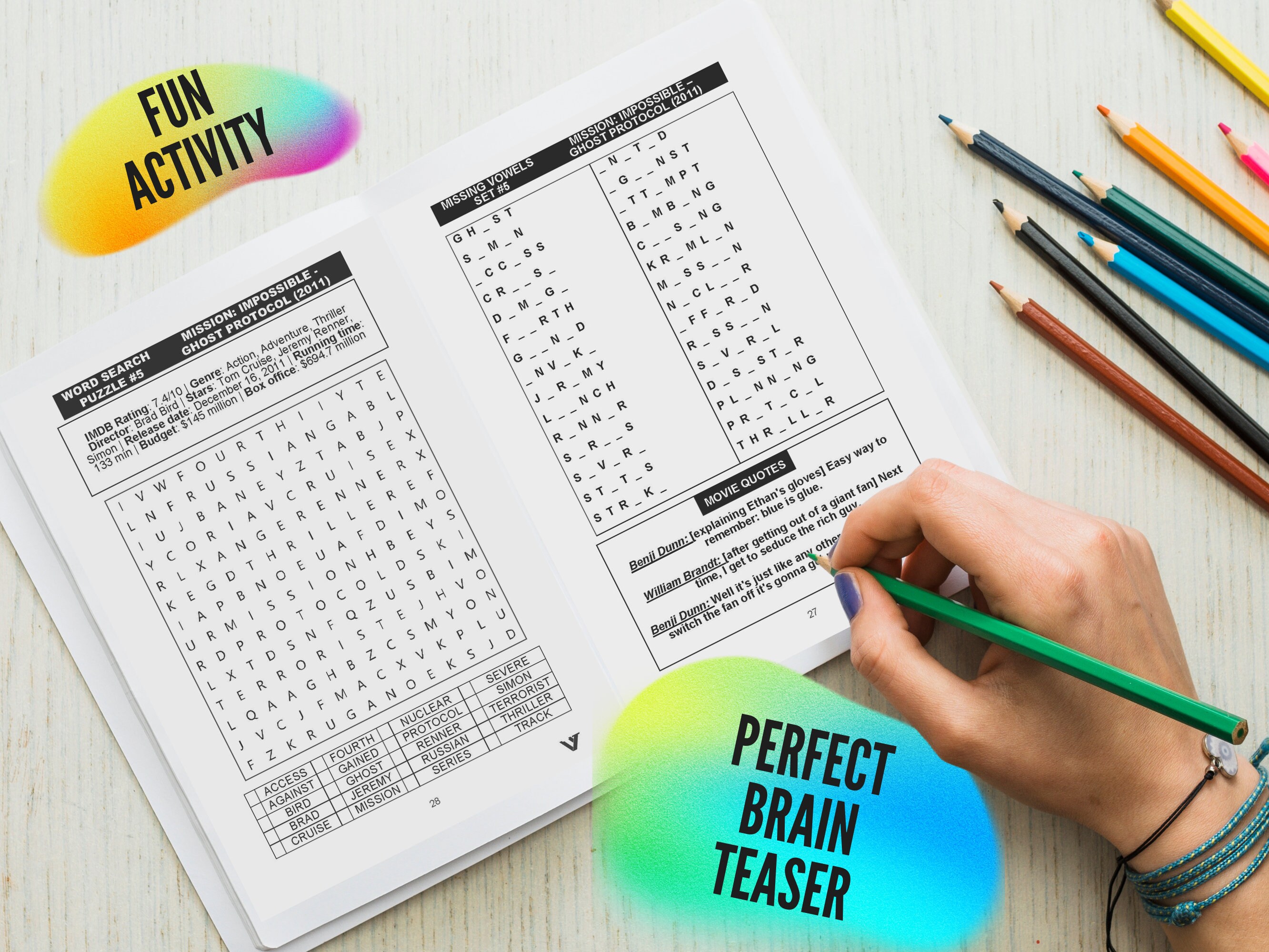 100 Spy Movie Puzzle Vol. 2, Word Search, Word Scramble, Missing Vowel ...