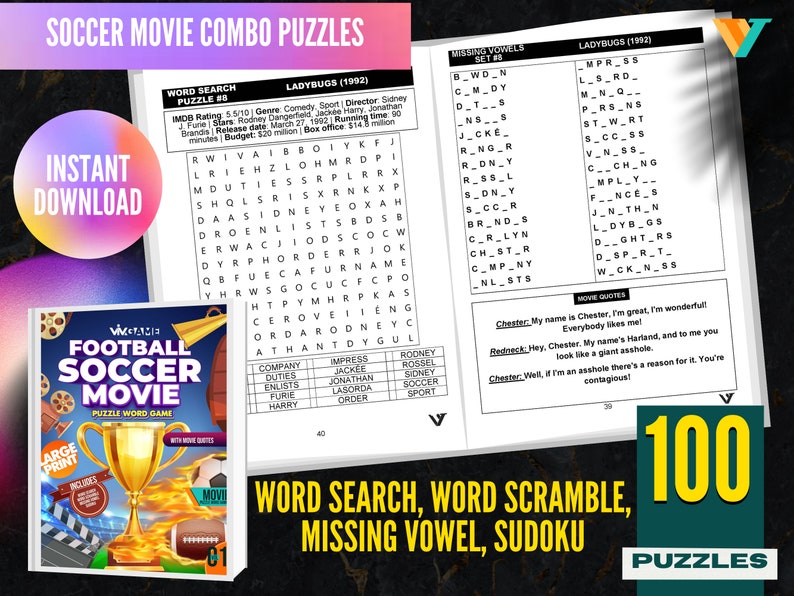 100 Soccer Football Movie Puzzle, Instant Download, Word Search ...