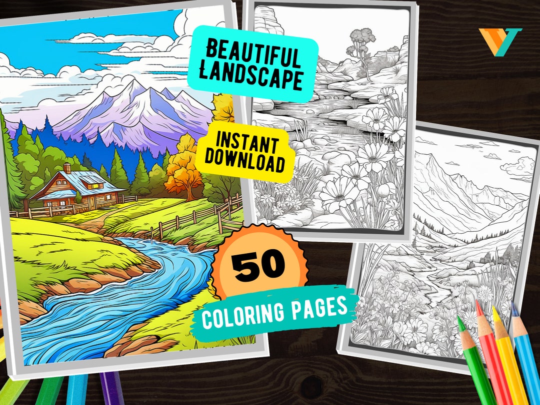 50 Beautiful Landscape Coloring Pages, Instant Download, Nature ...